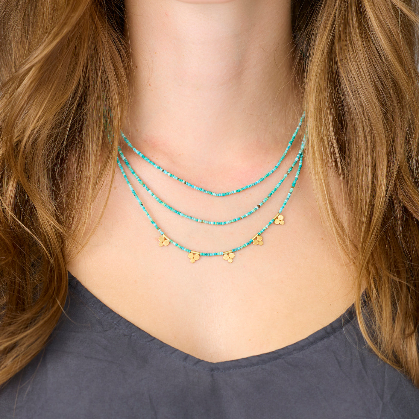 Triple Strand Turquoise Necklace with Gold Trios - Ananda Khalsa