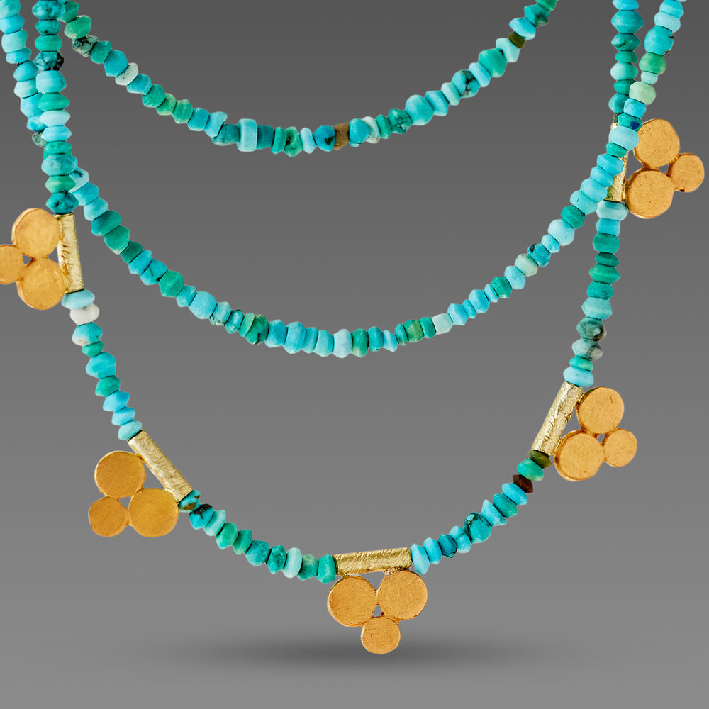 Triple Strand Turquoise Necklace with Gold Trios - Ananda Khalsa