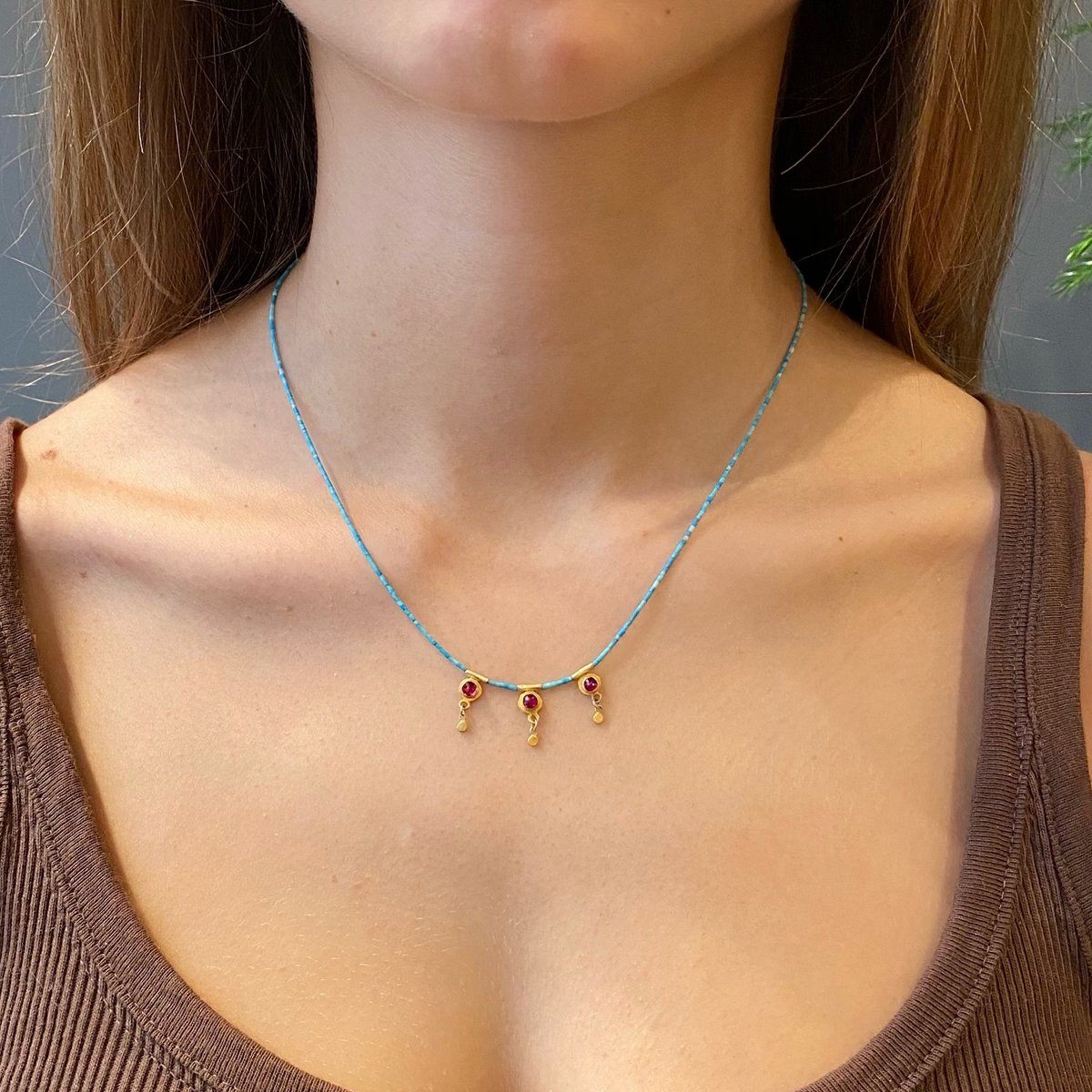 Ruby Disk and Turquoise Beaded Necklace - Ananda Khalsa