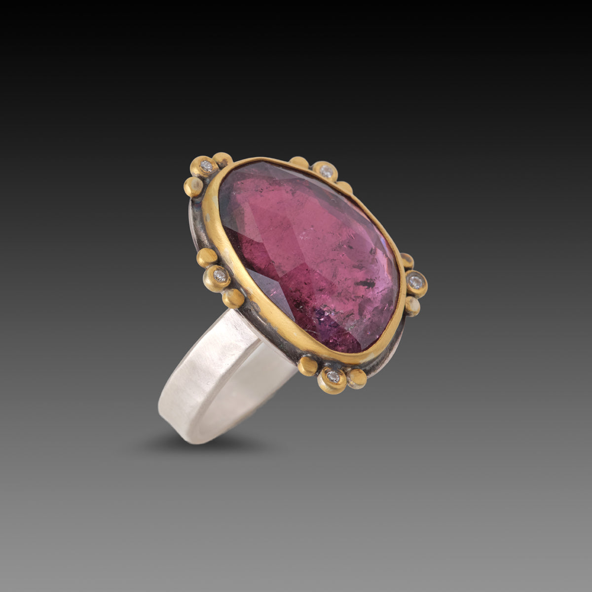 Rose Cut Pink Tourmaline Ring with Five Diamond Trios - Ananda Khalsa